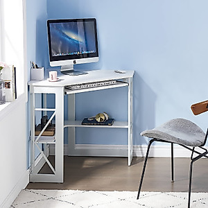 VECELO Corner Computer Desk 41 x 30 inches with Smooth Keyboard & Storage Shelves for Home Office Workstation, White