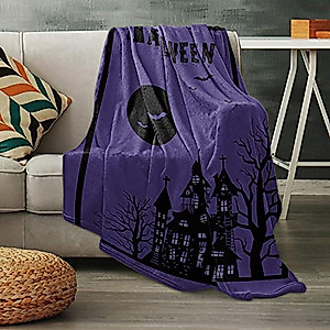 Throw Blanket- Black Haunted House Soft Warm Plush Fleece Bed Throw,50x60In Flannel Blankets Halloween Spooky Night Bedding Throws for Women/Men Bedroom Living Room Office Decor Purple