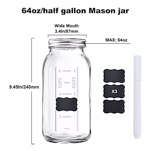 64 OZ Wide Mouth Mason Jar with Lid, Clear Heavy Duty Glass Airtight Storage Canning Jar and Band Half Gallon / 2 Quart Fermenting, Pickling, Storing, Pack of 1