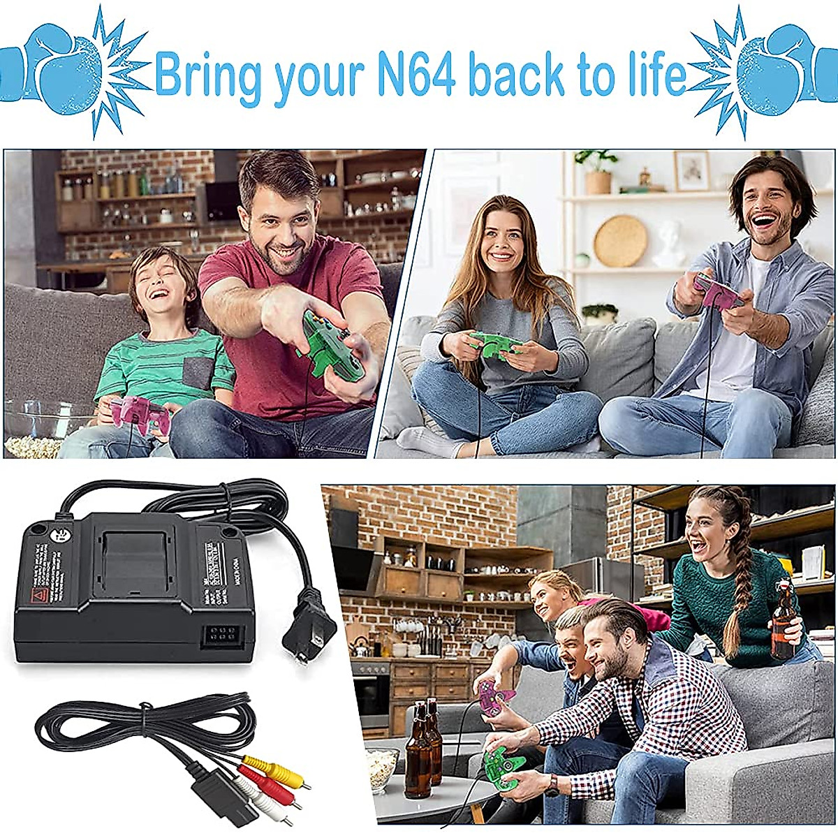 N64 Power Supply,AC Adapter Power Supply and AV Composite Video Cable Cord for N64