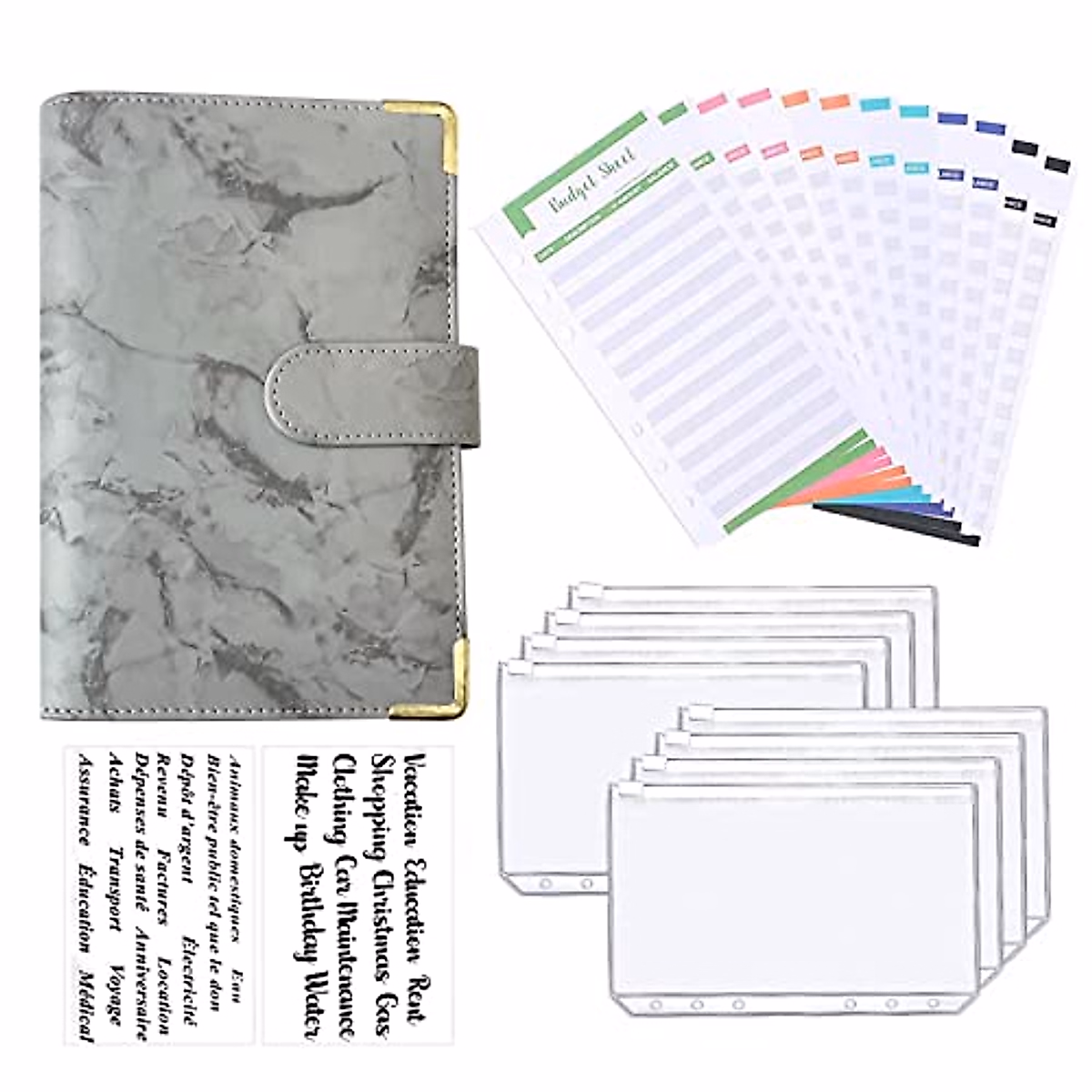 Mable gray Faux Leather A6 Budget Planner Binder with Zipper Cash Envelopes& Expense Budget Sheets, Money Saving Budget Saver Book, Cash Stuffing Organizer for Budgeting