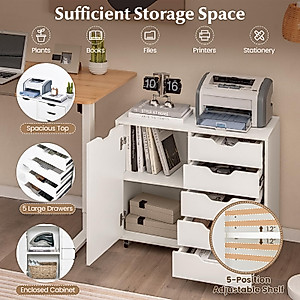 Giantex Lateral File Cabinet with Shelves - 5 Drawer Office Cabinet, Rolling Storage Organizer with 5 Casters, 5-Position Adjustable Shelf, Mobile Filing Cabinet, Printer Stand with Storage, White