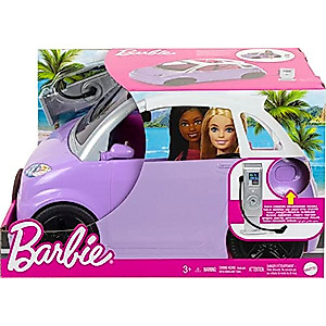 Barbie Toy Car "Electric Vehicle" with Charging Station, Plug and Sunroof, Purple 2-Seater Transforms Into Convertible (Amazon Exclusive)