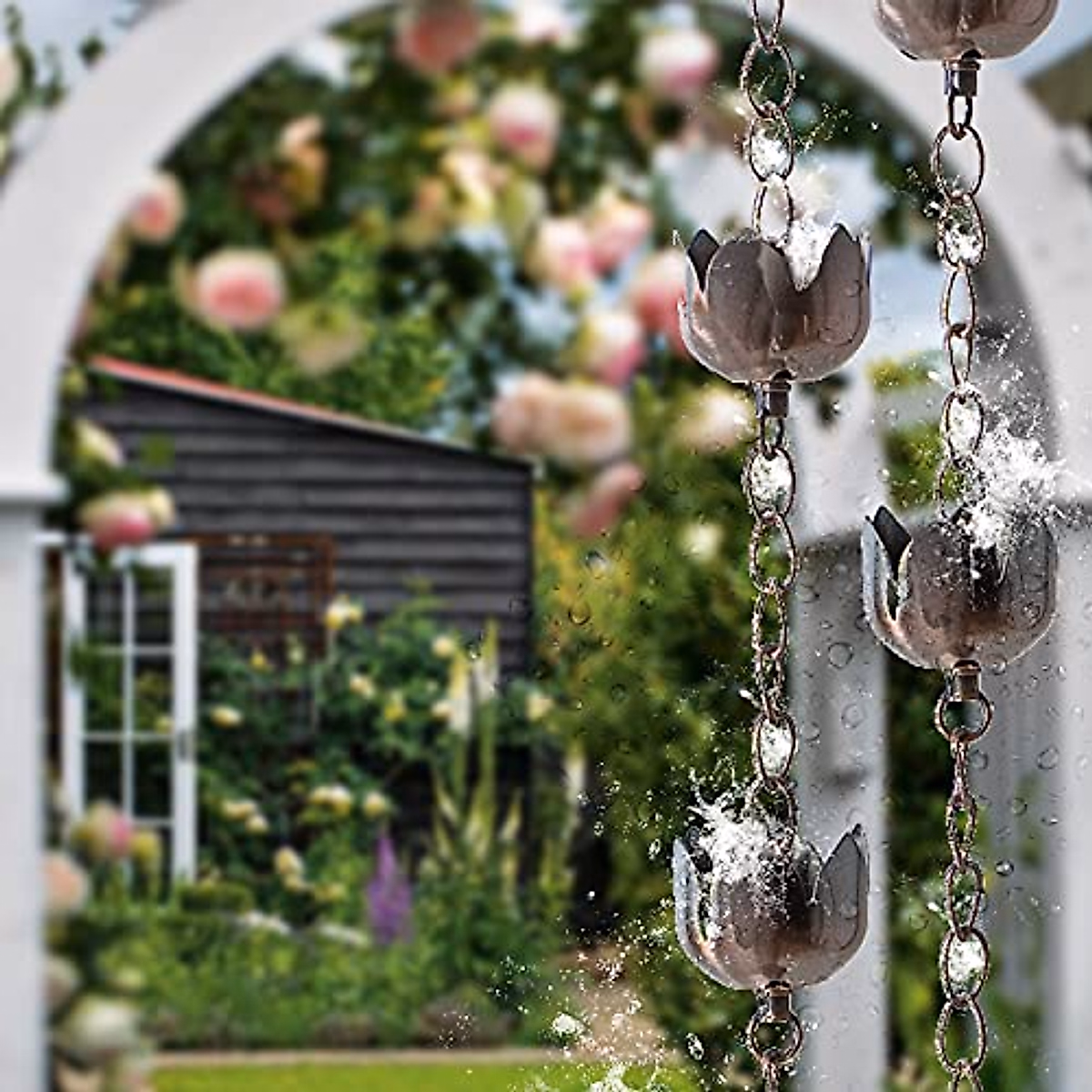 Hand-Crafted Iron Rain Chain Gutter – 6 Feet Length-Downspouts for Heavy Wind Rain - Umbrella Rain Chains Anchor for Home- Pewter Chain Link with Anchor Umbrellas Petals - for Home & Garden decoration