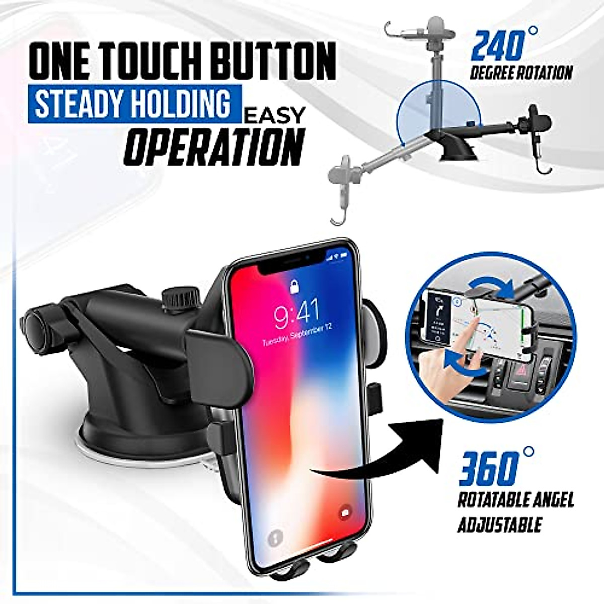 Tanaview Cell Phone Holder for Car, Phone Holder Mount Dashboard & Windshield Universal Car Mount Phone Holder Desk Stand for All Smartphones