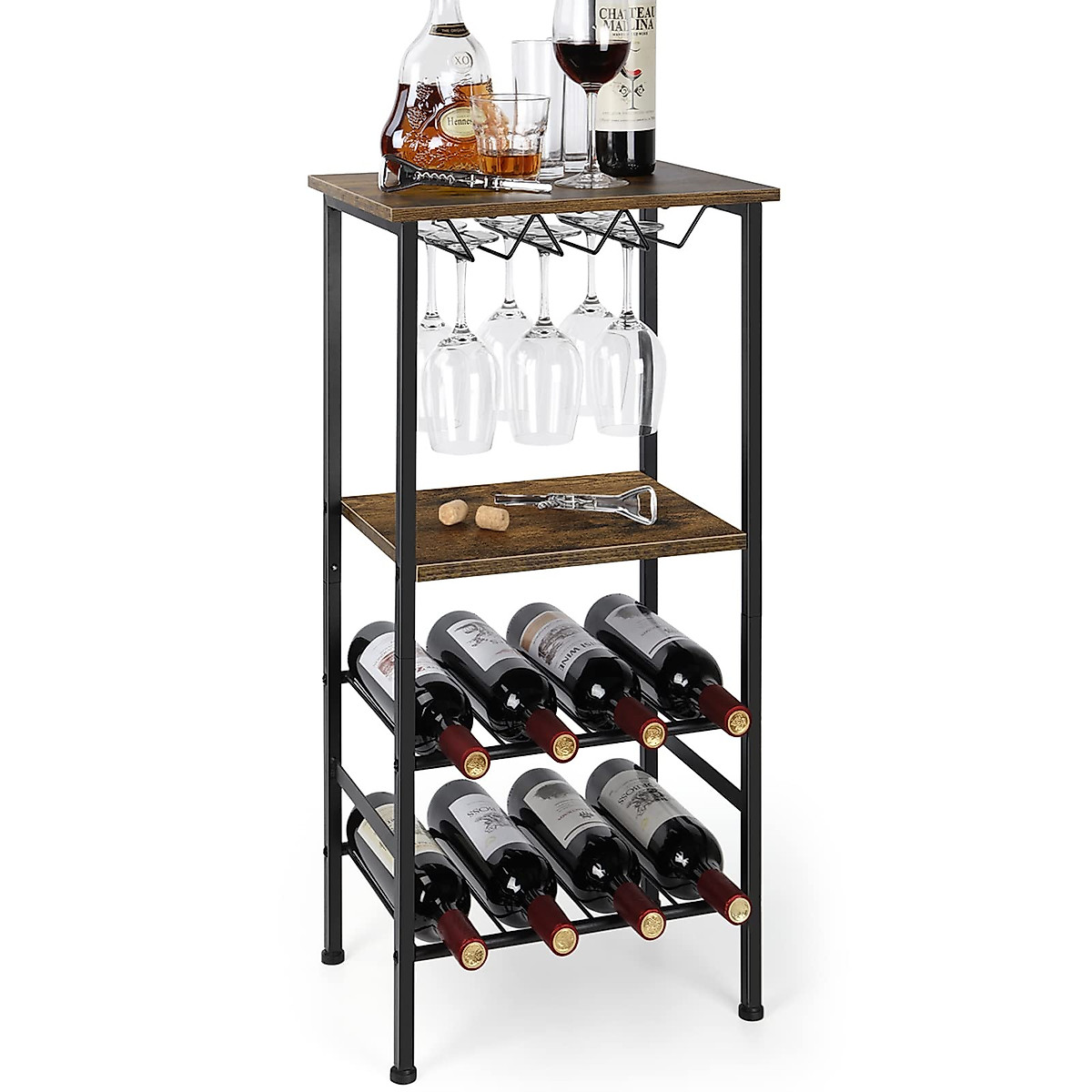 ETELI Wine Rack Table Freestanding Floor Wood Wine Bottles Storage with Shelves Hold 8 Wine Bottles and 9 Goblets Industrial Small Wine Display Stand for Dining Room Kitchen,Brown