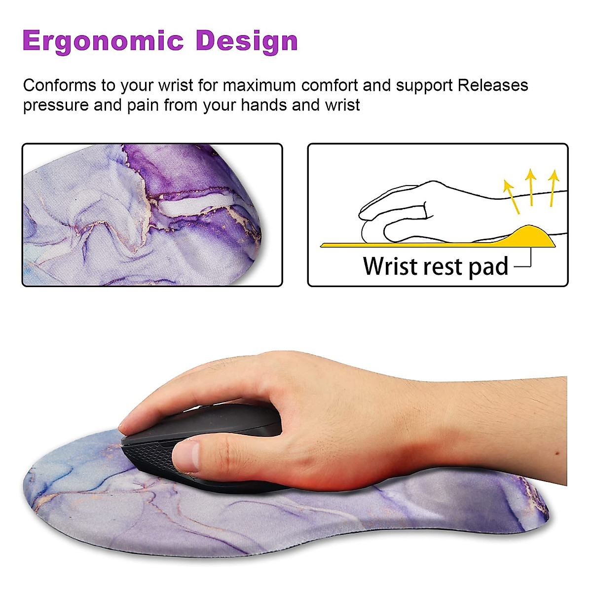 ARTSO Ergonomic Mouse Pad with Wrist Support Gel Mouse Pad Wrist Rest, Non-Slip PU Base Comfortable Mousepad for Office Home Working Studying Pain Relief & Easy Typing, Purple Blue Marble