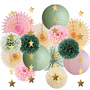 Sage Green and Pink Party Decorations Olive Tissue Paper Pom Poms Light Pink Paper Lanterns Cream Fans for Sage Green and Pink Birthday Party Decorations Baby Shower Bridal Shower Wedding Engagement