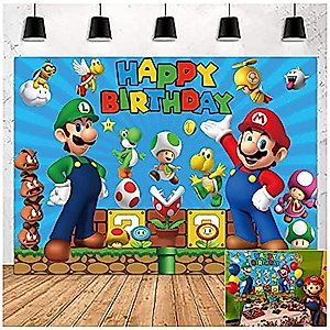 Super Mario Gold Coin Video Game Happy Birthday Theme Photography Backdrops 5x3ft Children Boys Birthday Party Decor Supplies Cake Table Decor Kids Shoot Photo Backgrounds Props Vinyl