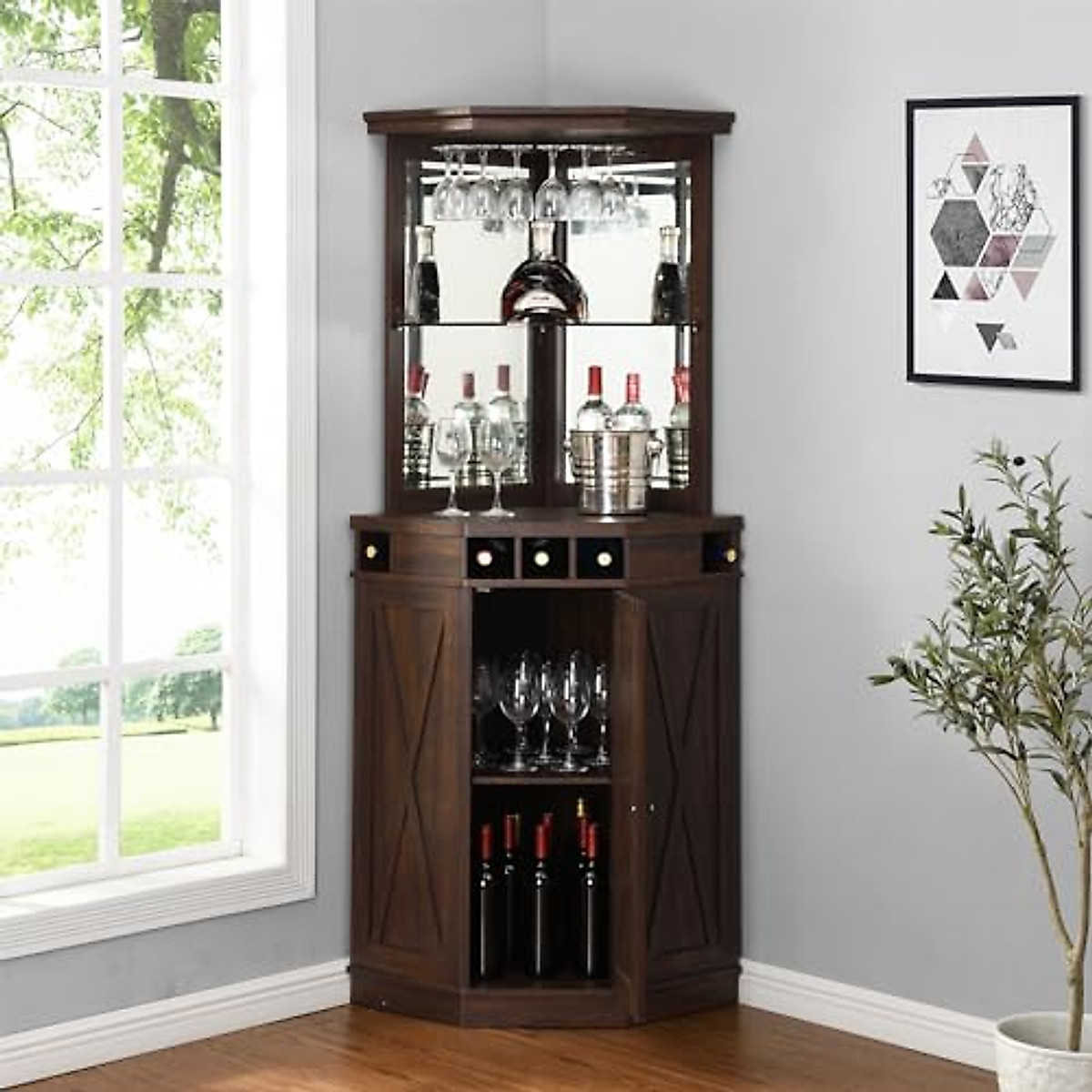 Home Source 73" Tall Corner Storage Cabinet with Wood Doors, Wine Rack, Liquor Glass Holder, Glass Design Large Rustic Bar Hutch for Living Room, Home Office, Kitchen, Small Space, Mahogany
