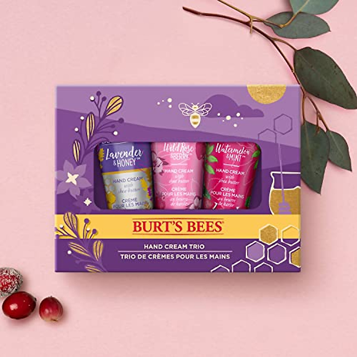 Burt's Bees Christmas Gifts, 3 Body Care Stocking Stuffers Products, Hand Cream Trio Set - Lavender Honey, Watermelon Mint & Wild Rose Berry Shea Butters