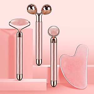 4-IN-1 Face Massager and Gua Sha Set for Women, Rose Quartz Face Roller Skin Care Tools Electric Eye Massager Tool for Face Skin Roller