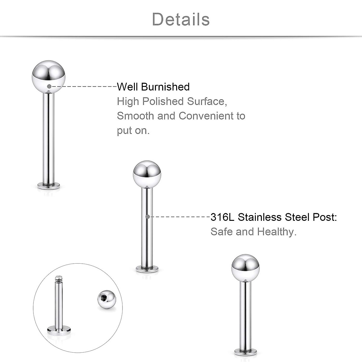 SCERRING 18PCS 12g Stainless Steel Balls Labret Monroe Lip Cheek Tragus Cartilage Helix Earring Ring Body Piercing Jewelry 12-16mm - Mix Color