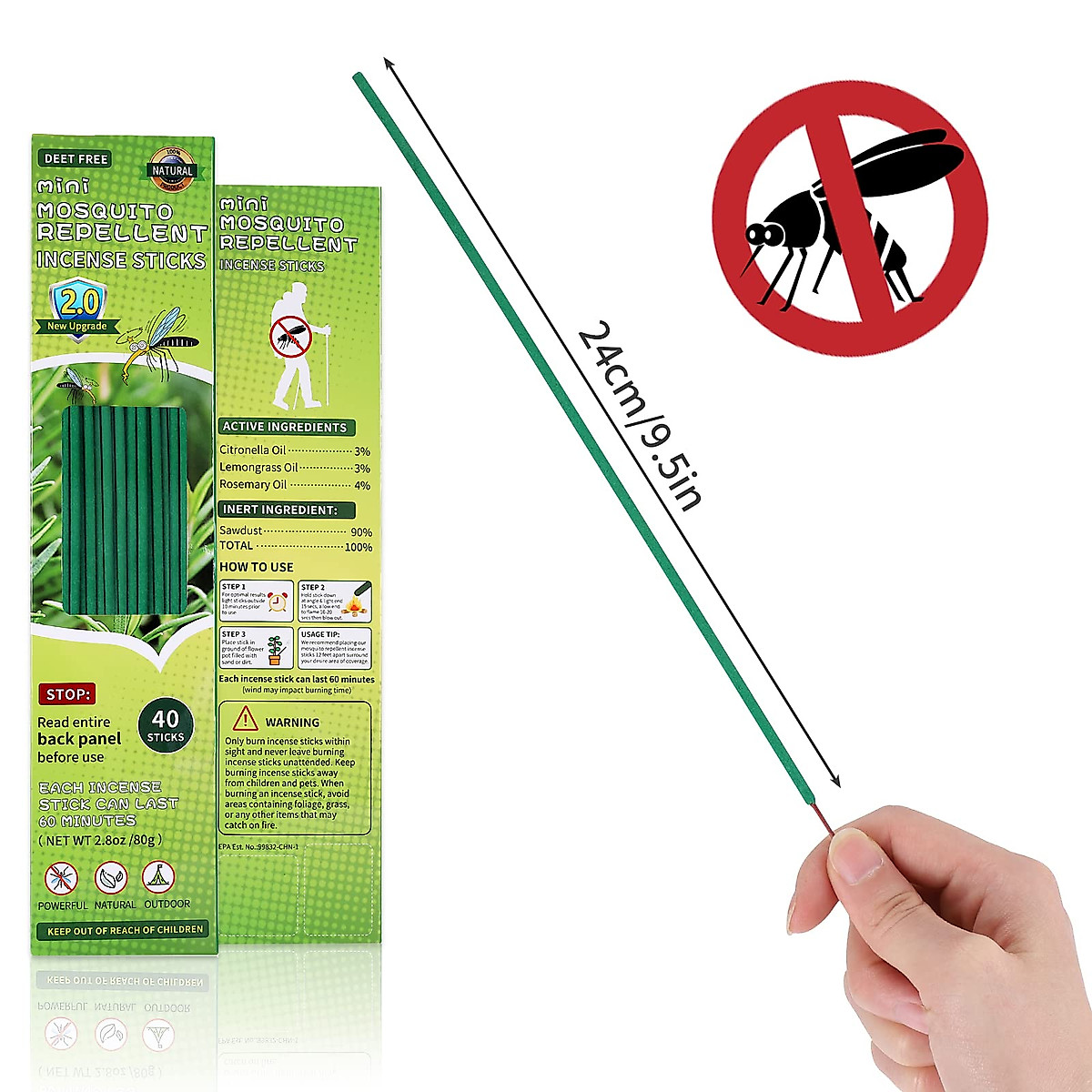 Mosquito Repellent Incense Stick Outdoor 100% Natural 40 Pcs Mosquito Sticks with Natural Lemongrass and Rosemary Oil Non Toxic and DEET Free Made with Plant Based Ingredients