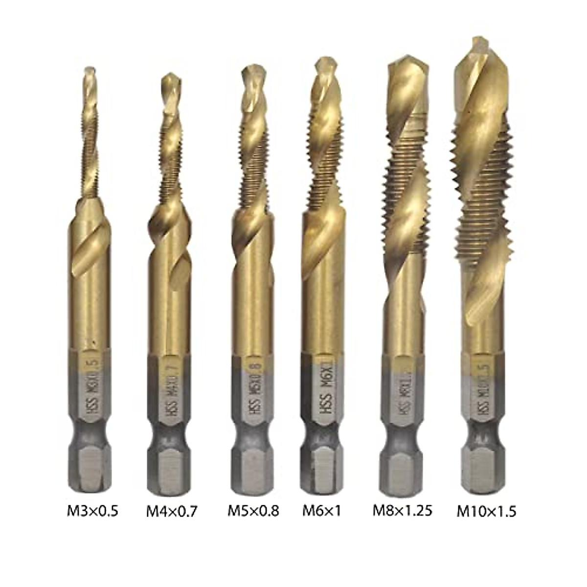 6pcs 1/4 inch Titanium Combination Drill and Tap Bits Set Screw Tapping Bit Tool for Tapping Metric (M3-M10) Drilling Tapping and Countersinking HSS4341 Steel