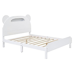 Kids Full Size Platform Bed with Motion Activated Night Lights, Wood Full Bed with Bear-Shaped Headboard, Cute Kids Full Size Bed Frame for Boys Girls (White)