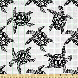 Lunarable Sea Animals Fabric by The Yard, Monochrome Illustration of Swimming Marine Ocean Turtles Tribal Details, Microfiber Fabric for Arts and Crafts Textiles & Decor, 1 Yard, White