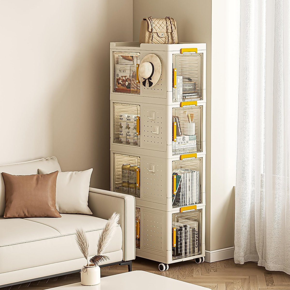 Runboll Storage Bins with Lids, 4-Tier Large Mobile Multifunction Utility Rolling Storage with 4 Pegboards & 8 Hooks Freely Adjustable, Stackable Storage Bins with Wheels for Every Room