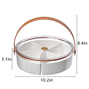 Clear Divided Serving Tray with Lid & Handle, Portable Round Plastic Veggie Tray, Platter Food Storage Container Box for Candy, Appetizer, Snack, Dried Fruit, Nuts, Vegetable, Party