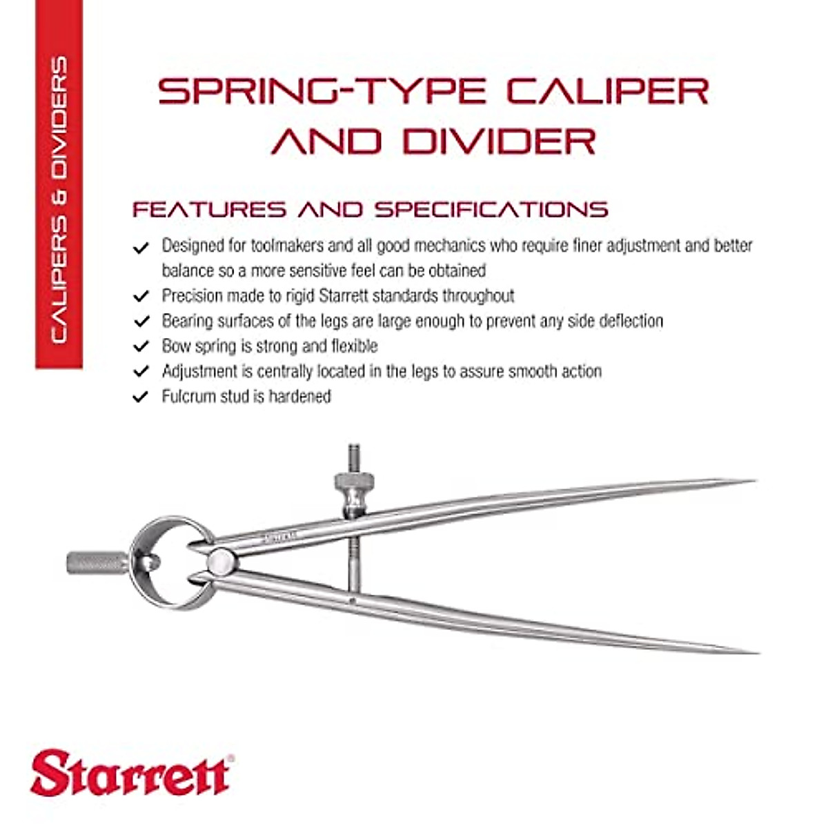 Starrett Toolmakers Spring-Type Caliper and Divider with Bow Spring and Hardened Fulcrum Stud - 6" Size and Capacity, Spring Joint Type - 277-6