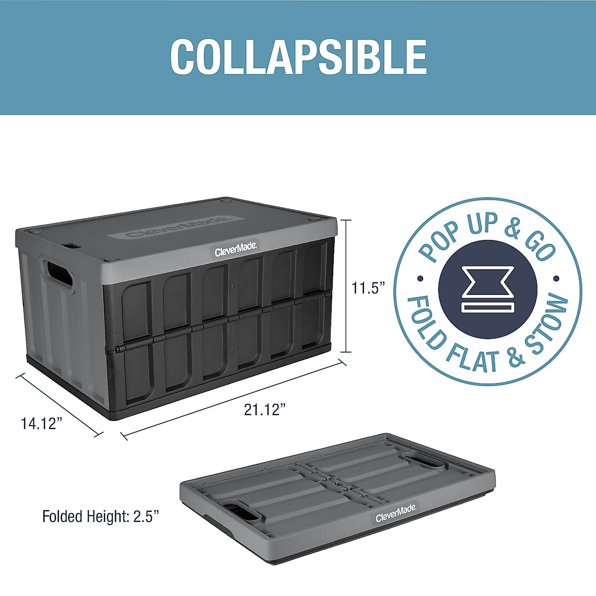CleverMade Collapsible Storage Bin (With Lid), Charcoal, 3PK - 46L (12 Gal) Folding Plastic Stackable Utility Crates, Holds 75lbs Per Bin - Solid Wall CleverCrates for Organizing, Storage, Moving