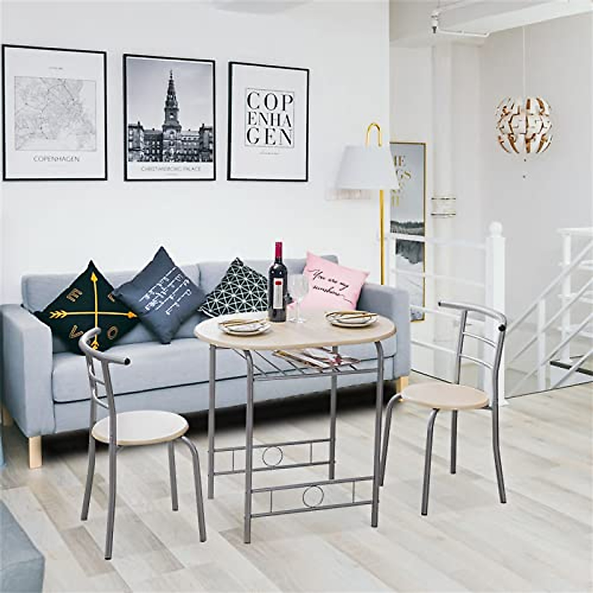 Small Kitchen Dining Table Set for 2, 3 Piece Round Kitchen Tables for Small Spaces 2 Seats, Breakfast Table and Chairs, Nook Dinette Sets with Wine Rack Fruit Stand Used for Compact Space (Log Wood)