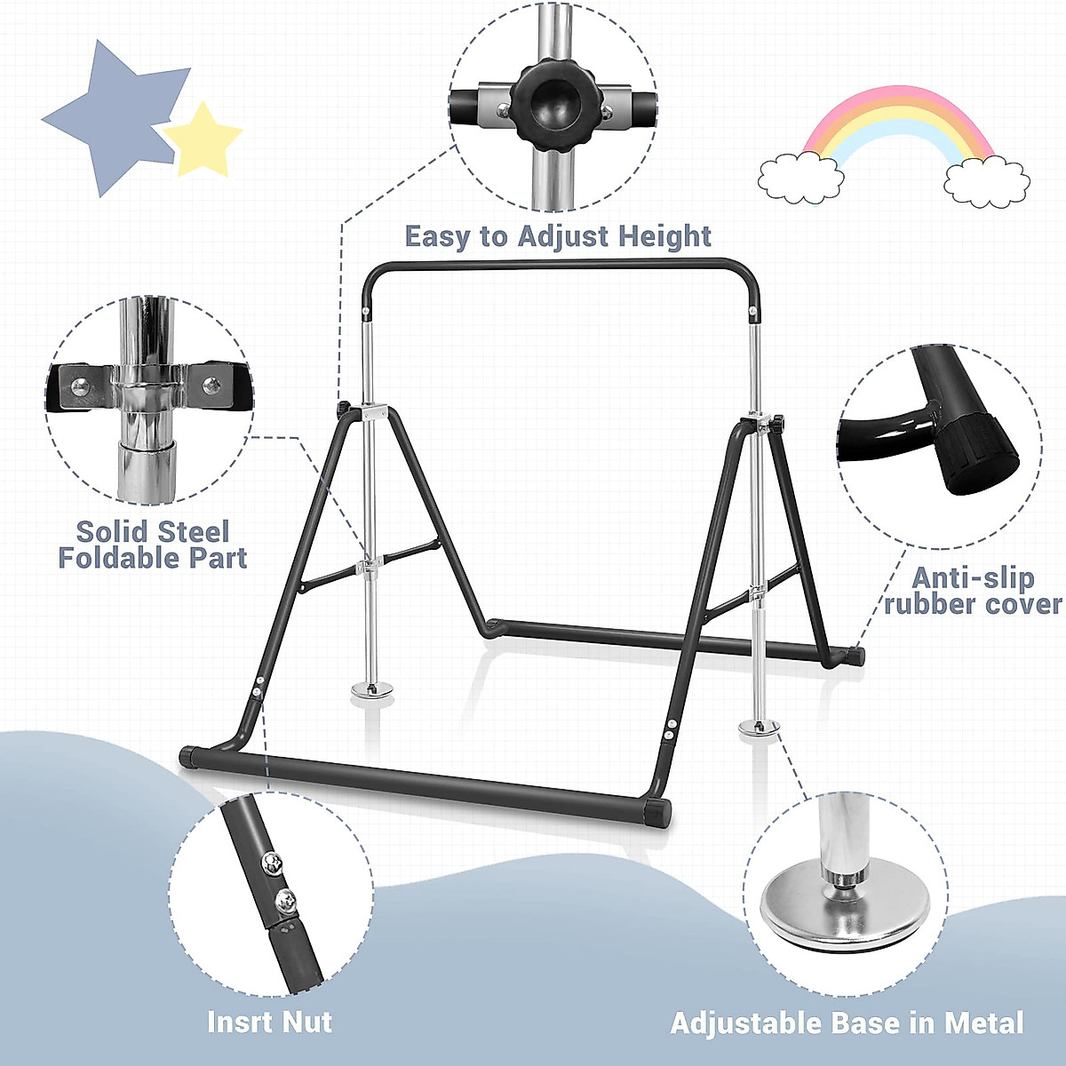 BangTong&Li Gymnastics Bar for Kids Height Adjustable Horizontal Bar Folding Gymnastics Junior Training Bar for Home Gymnastics Equipment (Black)