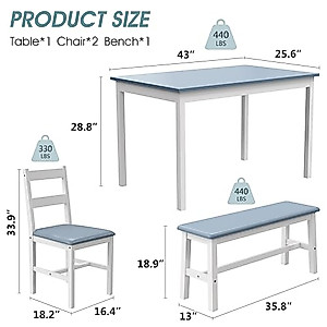 Dining Table Set for 4, 4 Piece Kitchen Table with Chairs and Bench, Wood Rectangular Dining Table Set with 2 PU Leather Chair and Bench for Small Spaces, Apartment, Breakfast, Living Room (Blue)