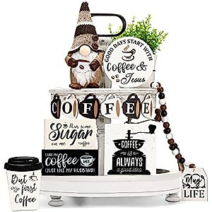 13 Pieces Coffee Bar Tiered Tray Decor Signs Set Coffee Plush Gnome Coffee Bar Wooden Signs Coffee Flag Wooden Bead Garland Decoration for Coffee Bar Coffee Station Shelf Mantel