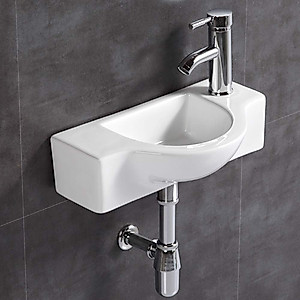 Bathroom Ceramic Washbasin and Faucet Combo White Small Sink Wall Mount Sink Corner Sink Set Chrome Pop-up Drain Included (Sink with Faucet & Drain)
