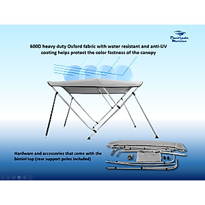 Pactrade Marine Boat 3 Bow Big Bimini Top Canopy Cover UV Waterproof Grey Canvas 600D Oxford Fabric PU Coating Aluminum Poles Straps