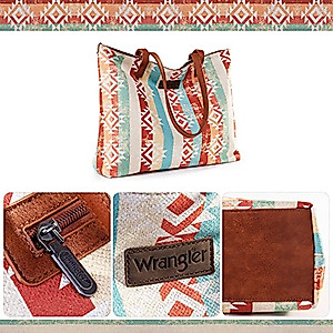 Wrangler Tote Bag for Women Aztec Printed Canvas Shoulder Handbags Large Hobo Handbags Genuine Leather Shoulder Strap,WG53-8112BR