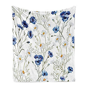 Lunarable Watercolor Flower Throw Blanket, Wildflowers and Cornflowers Daisies Blooms Flower Buds Art, Flannel Fleece Accent Piece Soft Couch Cover for Adults, 50" x 60", Green Marigold