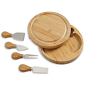 Bamboo Cheese Board and Knife Set,Round Charcuterie Board Set with 4 Knives,Cheese Board Set with Slide-Out Drawer,House Warming Gifts New Home