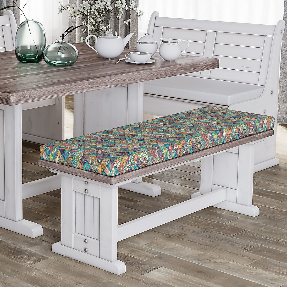 Ambesonne Bohemian Bench Pad, Geometric Pattern with Ornamental Floral Folk Art Abstract, Standard Size HR Foam Cushion with Decorative Fabric Cover, 45" x 15" x 2", Cadet Blue