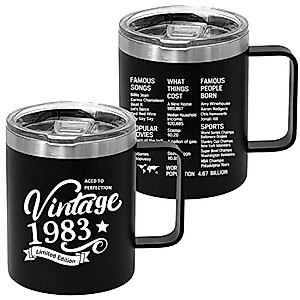 Vintage 1983 Stainless Steel Insulated Coffee Mug with Handle, 40th Birthday Stainless Steel Travel Coffee Cup with Lid Gifts for Women Men, 40th Birthday Spill Proof Reusable Thermos Coffee Mug 12oz