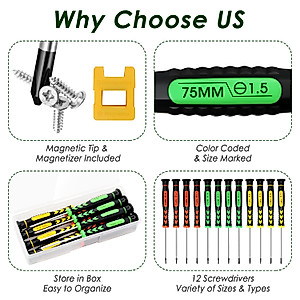 Screwdriver Set, FIXITOK 12Pcs Small Screwdriver Set Phillips Flathead Torx Screwdrivers Magnetic Jewelers Screwdriver Set Mini Screwdriver Set w/Magnetizer for Eyeglass Computer Phone Laptop Jewelry