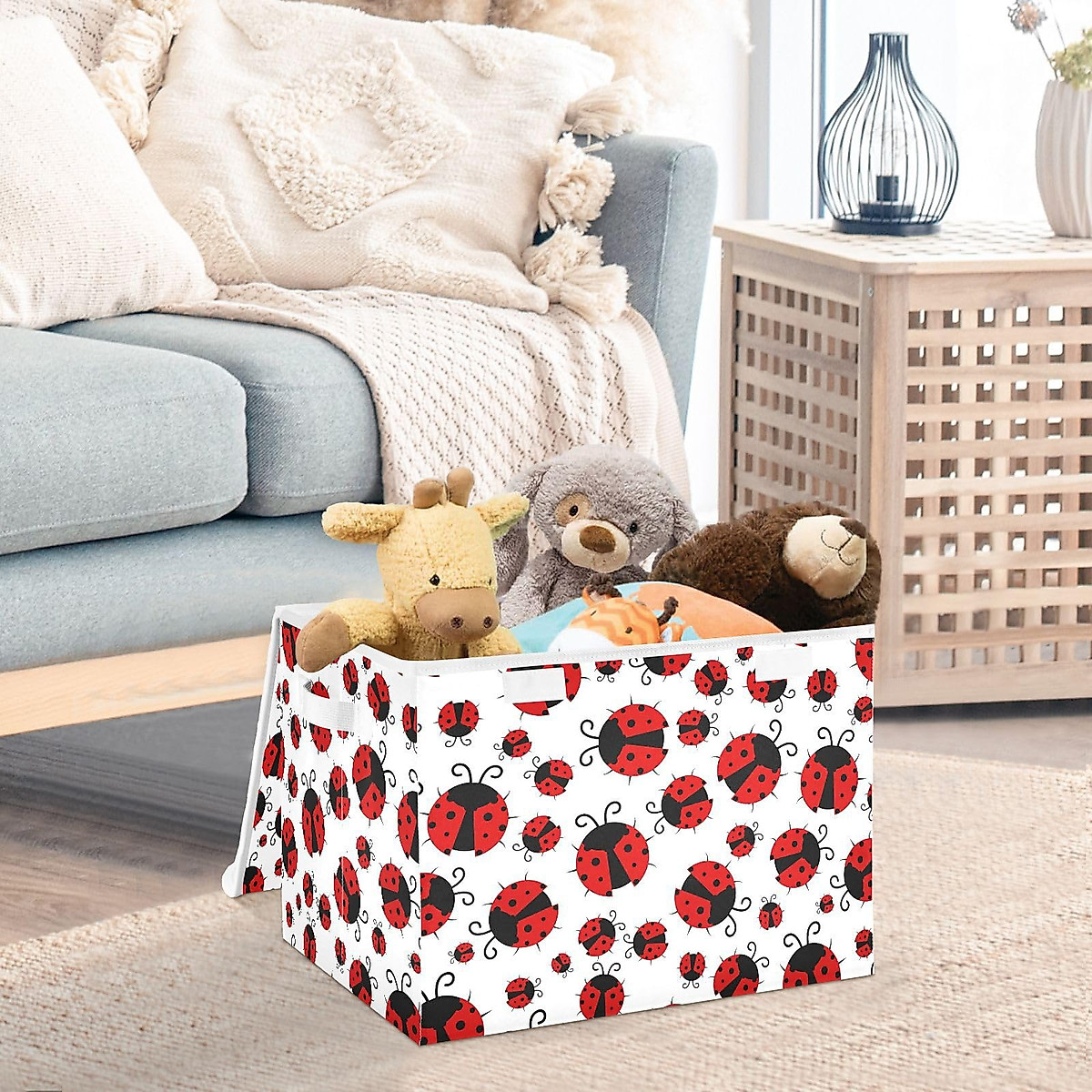Krafig Animal Cute Ladybug Decorative Storage Box with Lid Large Bins Baskets Foldable Cube Organizer Collapsible Containers for Organizing, Toy, Home, Shelf, Closet