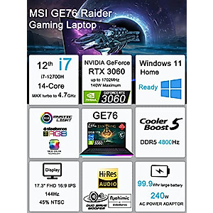 MSI GE76 Raider 17.3" 144Hz (DDR5 32GB RAM, 1TB PCIe SSD, Intel 12th Gen i7-12700H, GeForce RTX 3060 6GB) FHD Thin Bezel Gaming Laptop, Thunderbolt 4, Webcam, RGB Backlit Keyboard, Wifi 6, Win 11 Home