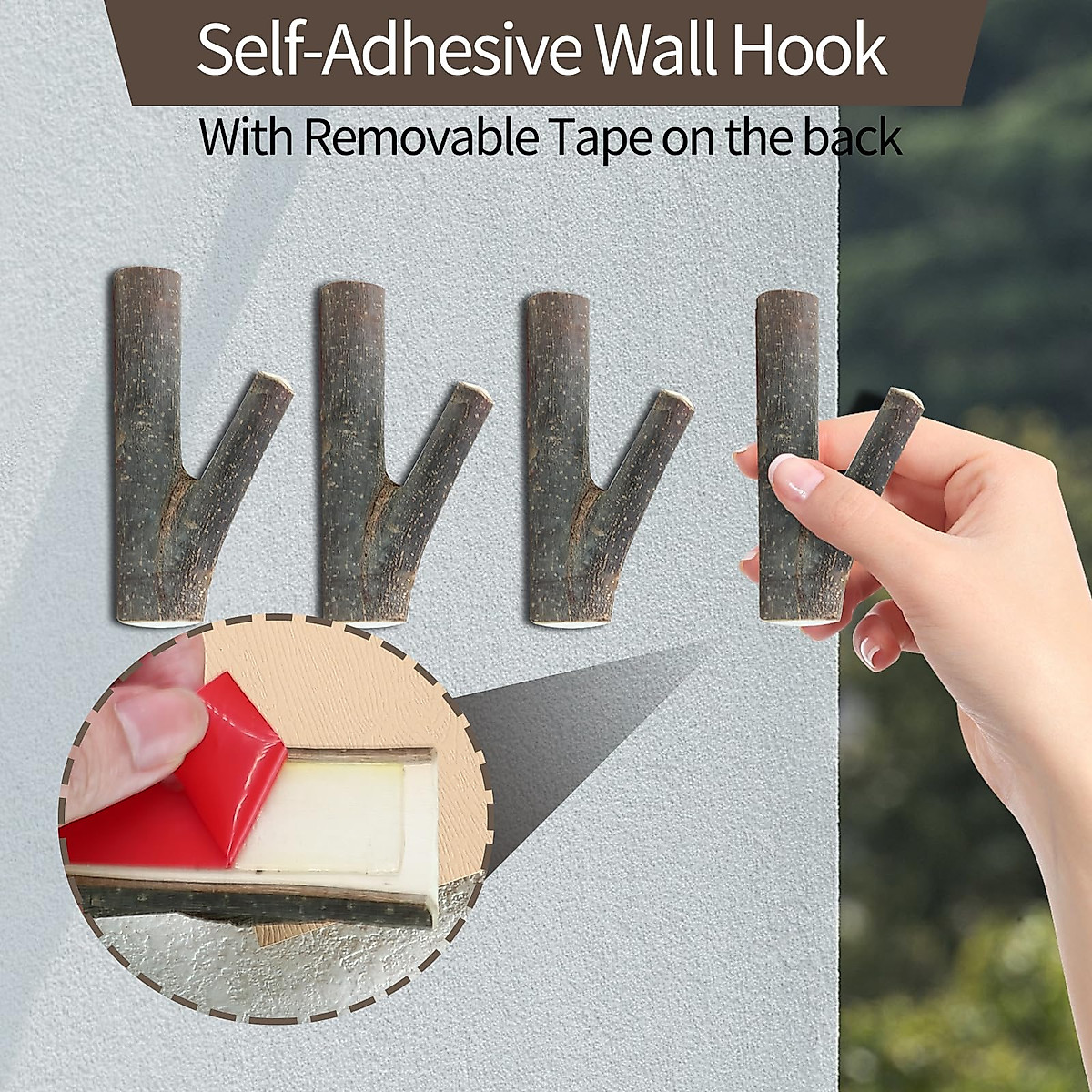 suiwotin 4pcs Real Tree Branch Wall Hook, Natural Wood Hooks Wooden Coat Hooks, Rustic Decorative Wall Mount Self Adhesive Hooks (Width 2-3 cm)