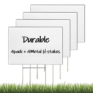 4 Pack Blank Yard Signs with H Metal Stakes,17"x12" Garage Sale Signs,White Plastic Customize Yard Signs for Garage Sale,Rent, Guidepost Decorations,DIY Outdoor Sign for House,Road