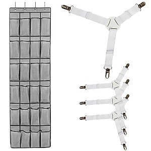 Gorilla Grip Breathable Mesh Large 24 Pocket Shoe Organizer and Nonslip Bed Sheet Straps 4 Pack, Holds Up To 40 Pounds Gray, Over Door, Sheet Straps in White, Easy Install, 2 Item Bundle