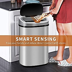 13-Gallon Kitchen Trash Can 50l Stainless Steel Garbage Can Automatic Touch Free Garbage Bin Motion Sensor Trash Can with Lid Metal Waste Bin for Office Tall Trash Bin Touchless, Silver