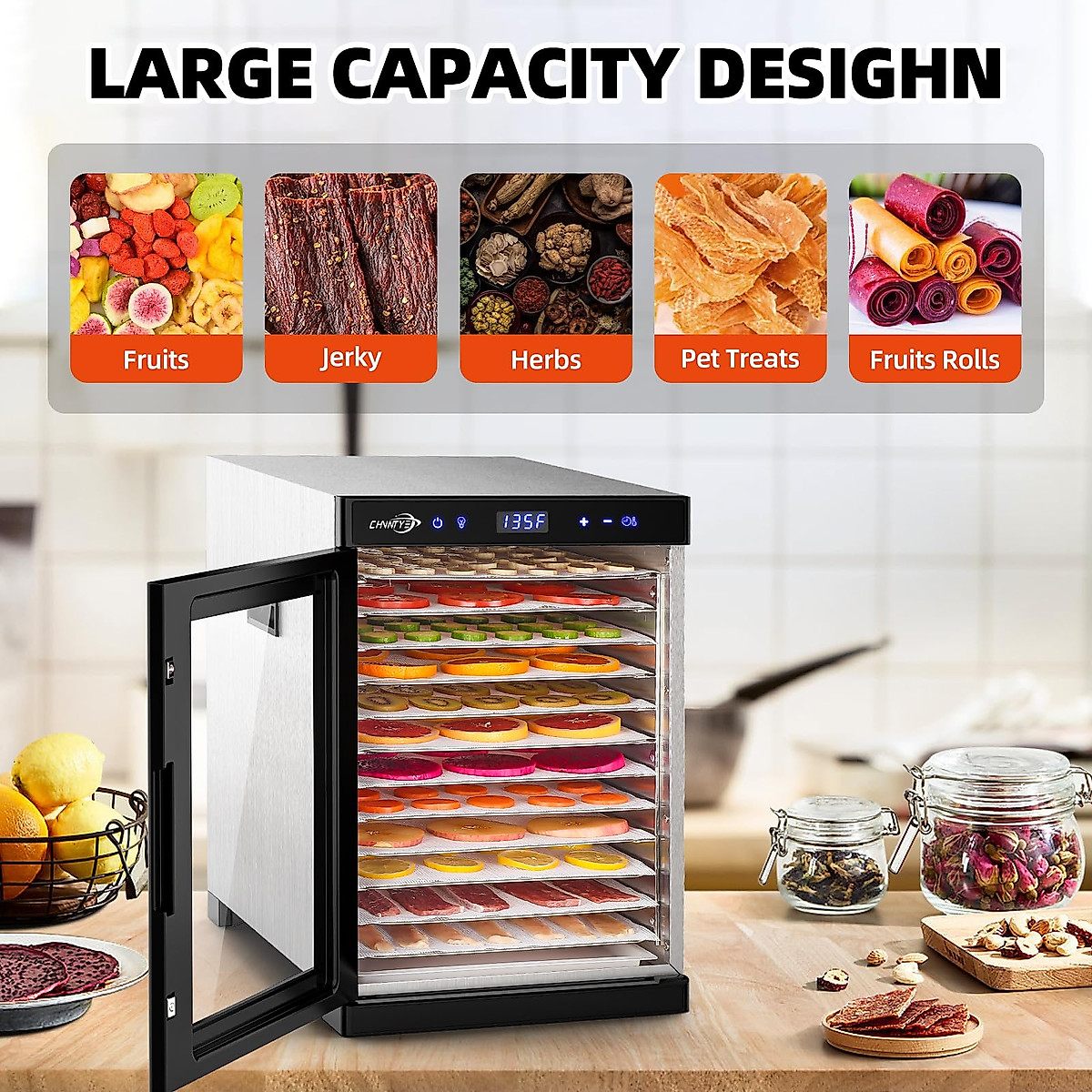 Food Dehydrator with 12 Stainless Steel Trays, Double Fans, Precise Temperature Control, and Fast Drying Speed with Adjustable Timer and Temperature Control - 1200W Dryer Machine