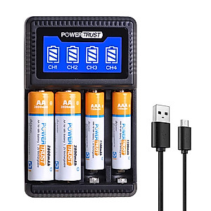PowerTrust 2800mAh 4Pack AA Rechargeable Batteries and LCD USB Charger for AA AAA Ni-MH Rechargeable Batteries with 4-Slots