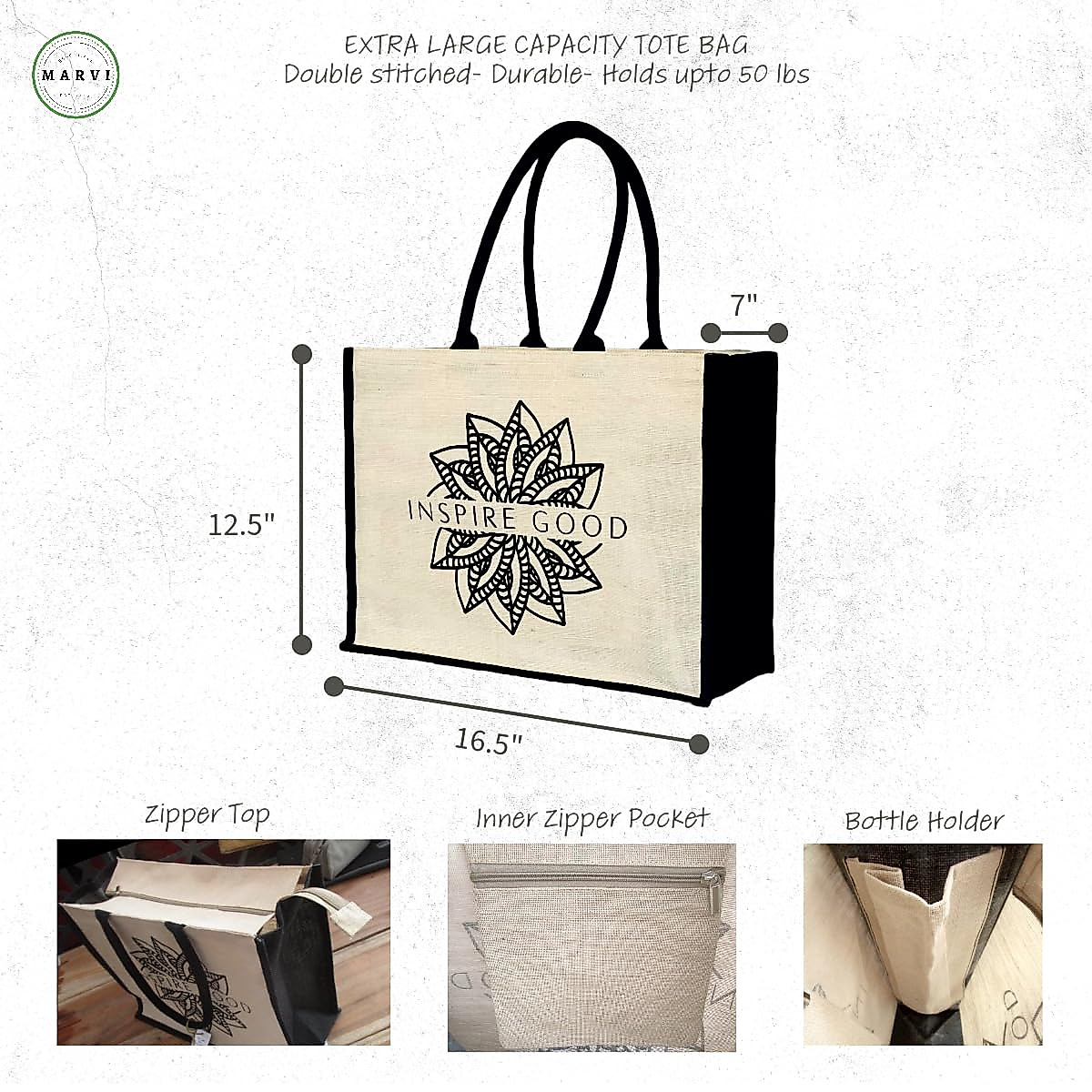 MARVI TOTE BAG - Juco/Burlap Shopping, Beach, Travel Bag, Gift | Eco-friendly, Reusable | Cotton Mesh Drawstring Grocery Bags (1 Pack)