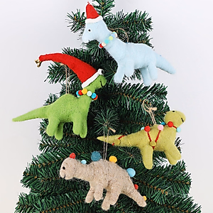 Juegoal Christmas Felt Dinosaurs Ornaments Set of 4, Xmas Wool Dinosaur Hanging Decor, Felt Animal Crafts Woodland Cute Christmas Tree Wreath Decor for Home Dinosaur Themed Birthday Party Supplies