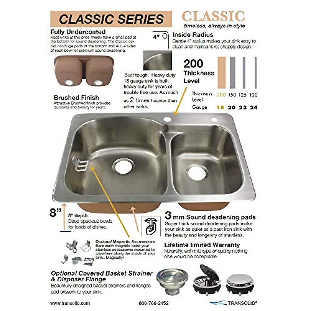 Transolid CTDD33229-2 Classic 2-Hole Drop-in 75/25 Double Bowl Kitchen Sink, 22 1/64" L X 33" W X 9" H, Brushed Stainless Steel