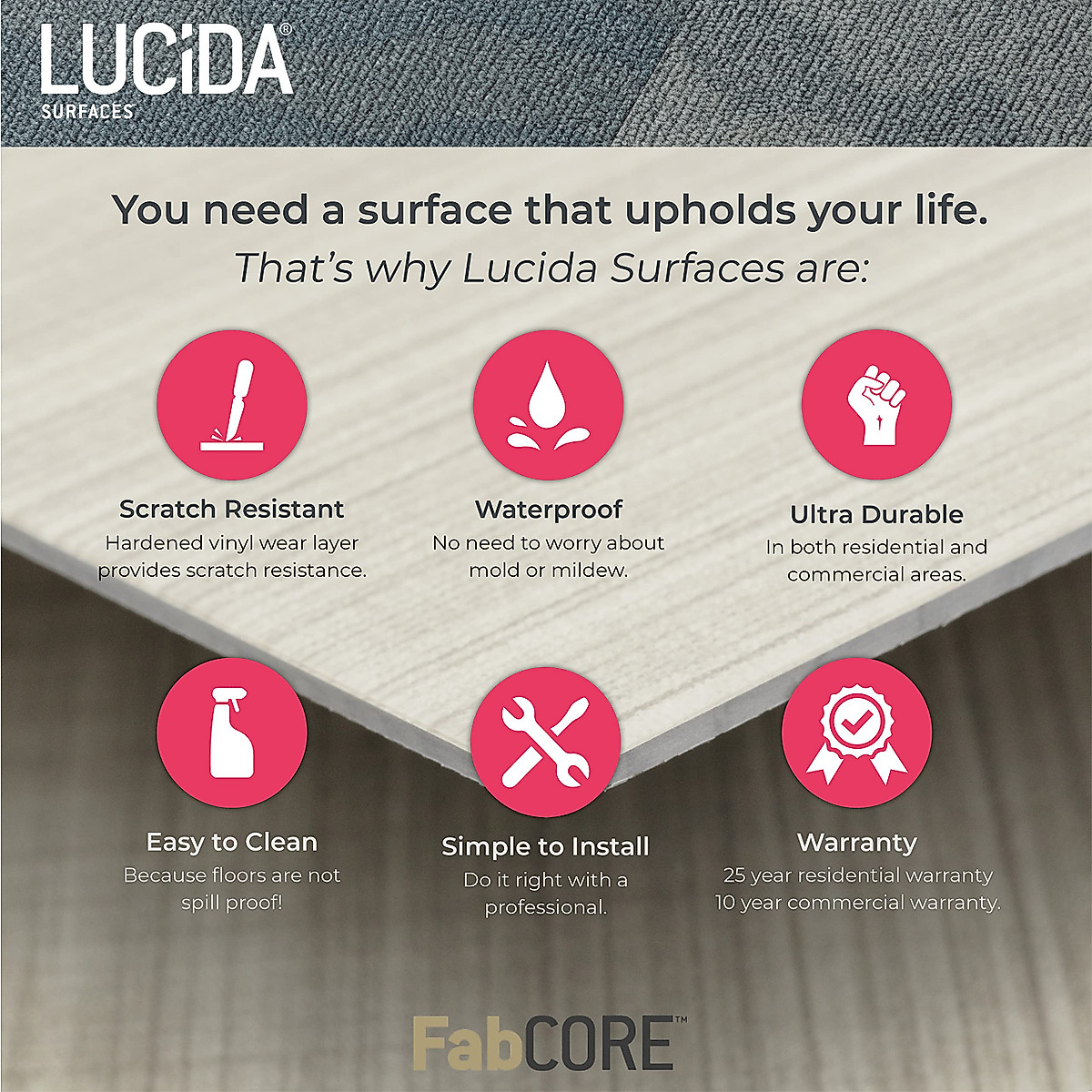 Lucida Surfaces Luxury Vinyl Floor Tiles | Glue Down Adhesive Flooring | Textured Look Plank | FabCore Solid Pattern | Single Sample Tile