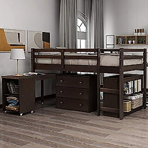 Harper & Bright Designs Twin Loft Bed with Desk Low Study Kids Storage Drawers, for Safety Guard Rails and Bookcase Shelf (Espresso, Desk)